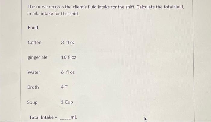 The nurse records the client's fluid intake for the | Chegg.com
