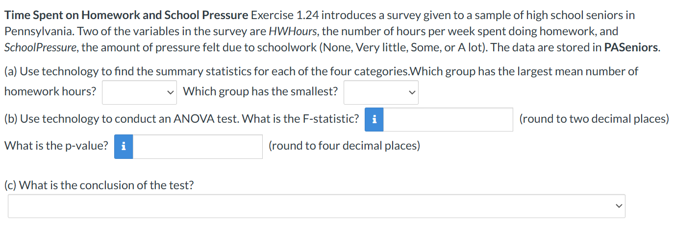 Solved Time Spent on Homework and School Pressure Exercise | Chegg.com