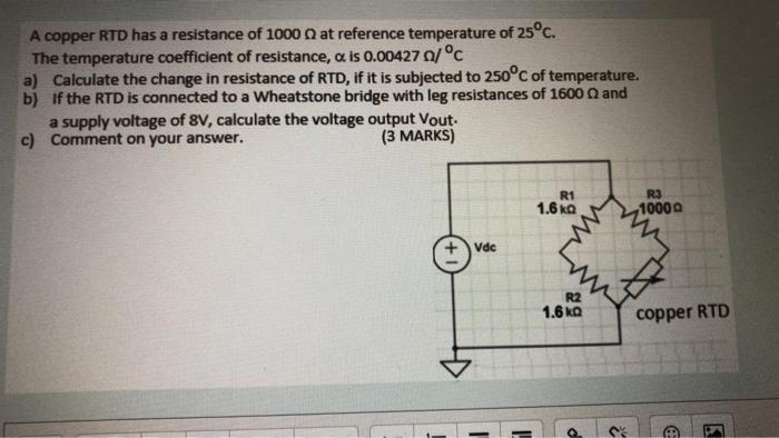 Solved A copper RTD has a resistance of 1000 at reference | Chegg.com