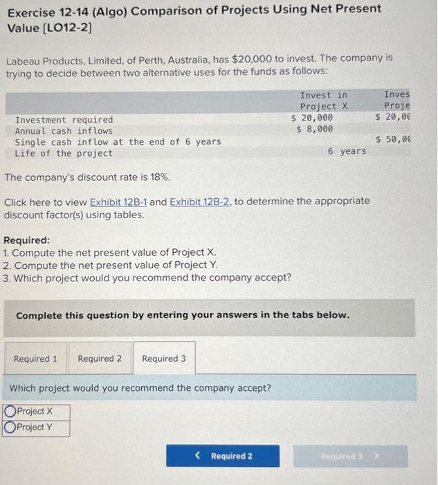 Solved Exercise 12-14 (Algo) Comparison of Projects Using | Chegg.com