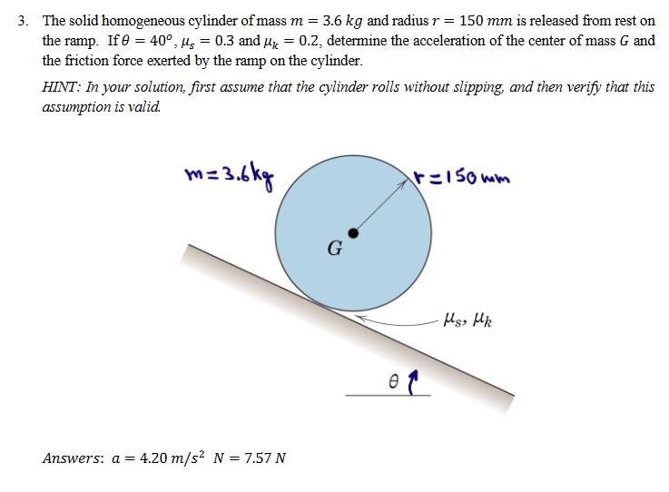 Solved The solid homogeneous cylinder of mass m=3.6kg and | Chegg.com