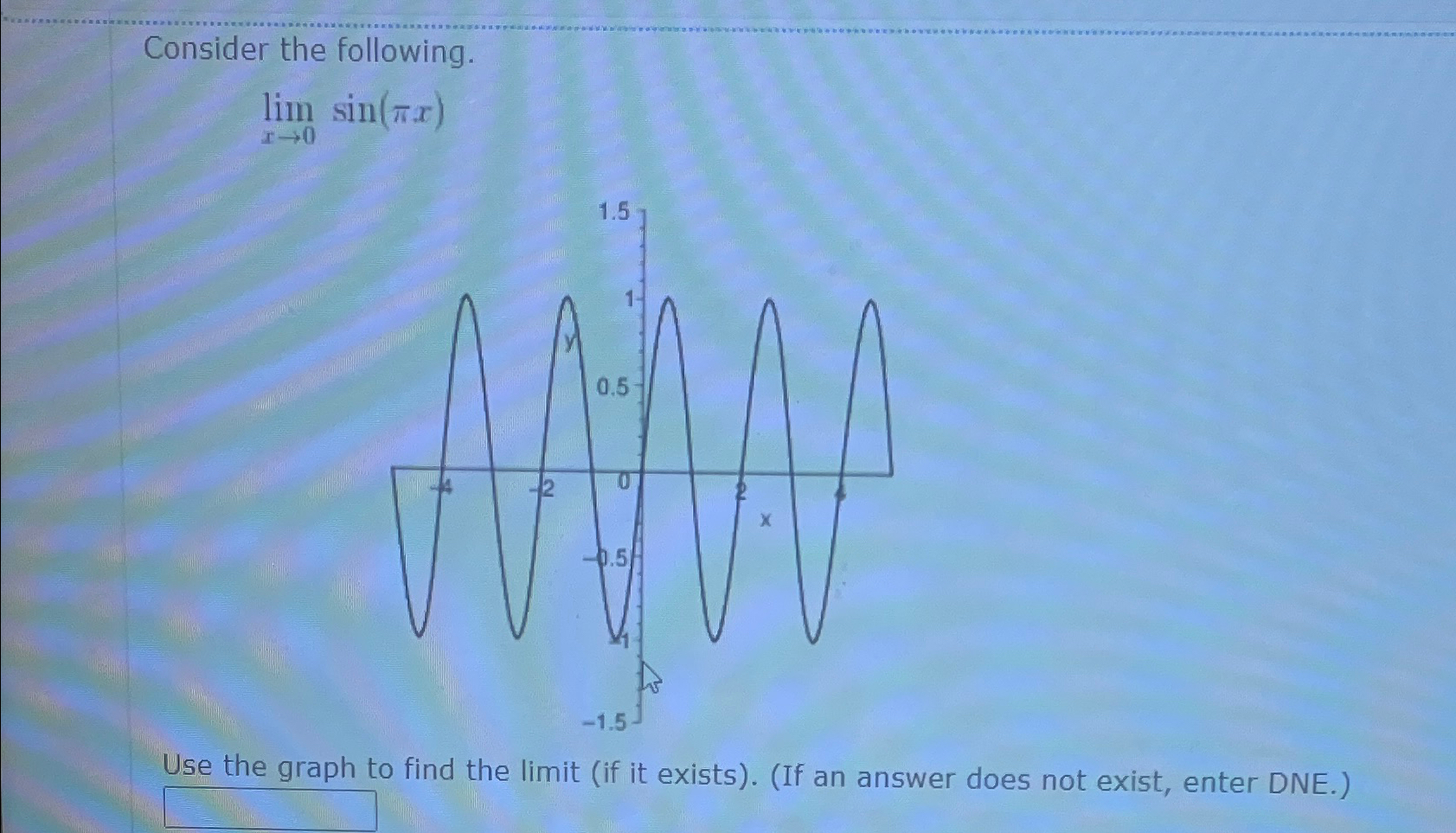 Solved Consider the following.limx→0sin(πx)Use the graph to | Chegg.com