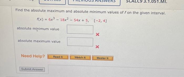 Solved Find the absolute maximum and absolute minimum values | Chegg.com