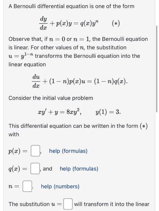 Solved A Bernoulli differential equation is one of the form | Chegg.com