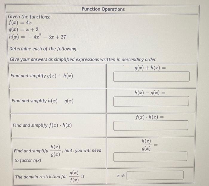Solved Given the functions: f(x)=4xg(x)=x+3h(x)=−4x2−3x+27 | Chegg.com