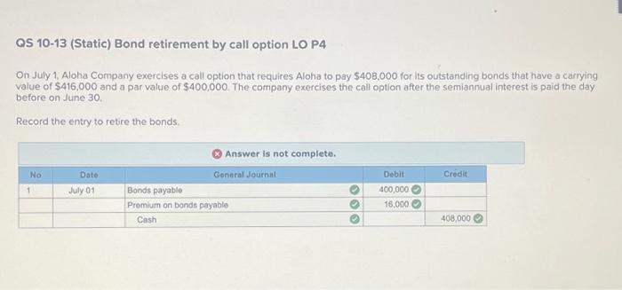 Solved QS 10-13 (Static) Bond retirement by call option LO | Chegg.com