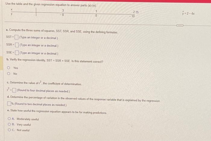 Solved Use the table and the given regression equation to | Chegg.com