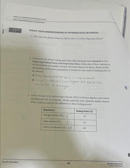 Solved CHECK YOUR UNDERSTANDING OF INTERMOLECULAR FORCES 1. | Chegg.com