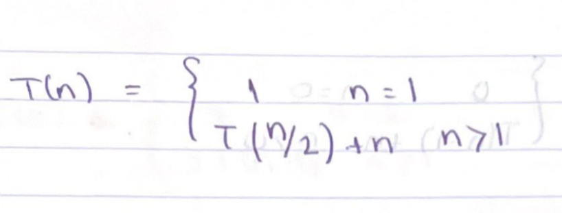Solved T(n)={1T(n/2)+nn=1 | Chegg.com