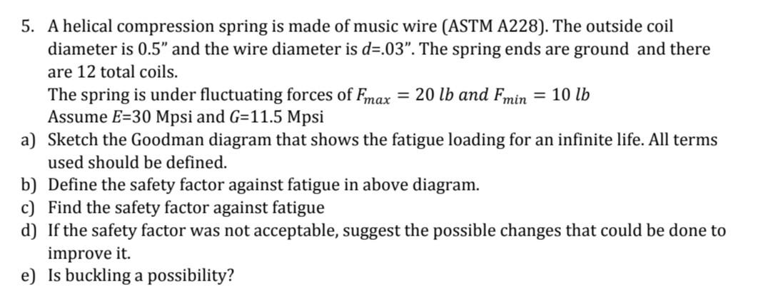 Solved 5. A helical compression spring is made of music wire | Chegg.com