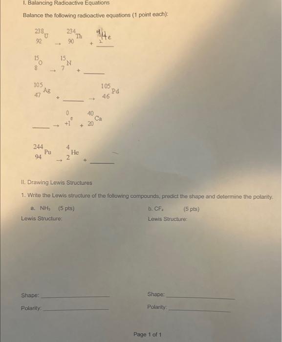 Solved I. Balancing Radioactive Equations Balance the | Chegg.com