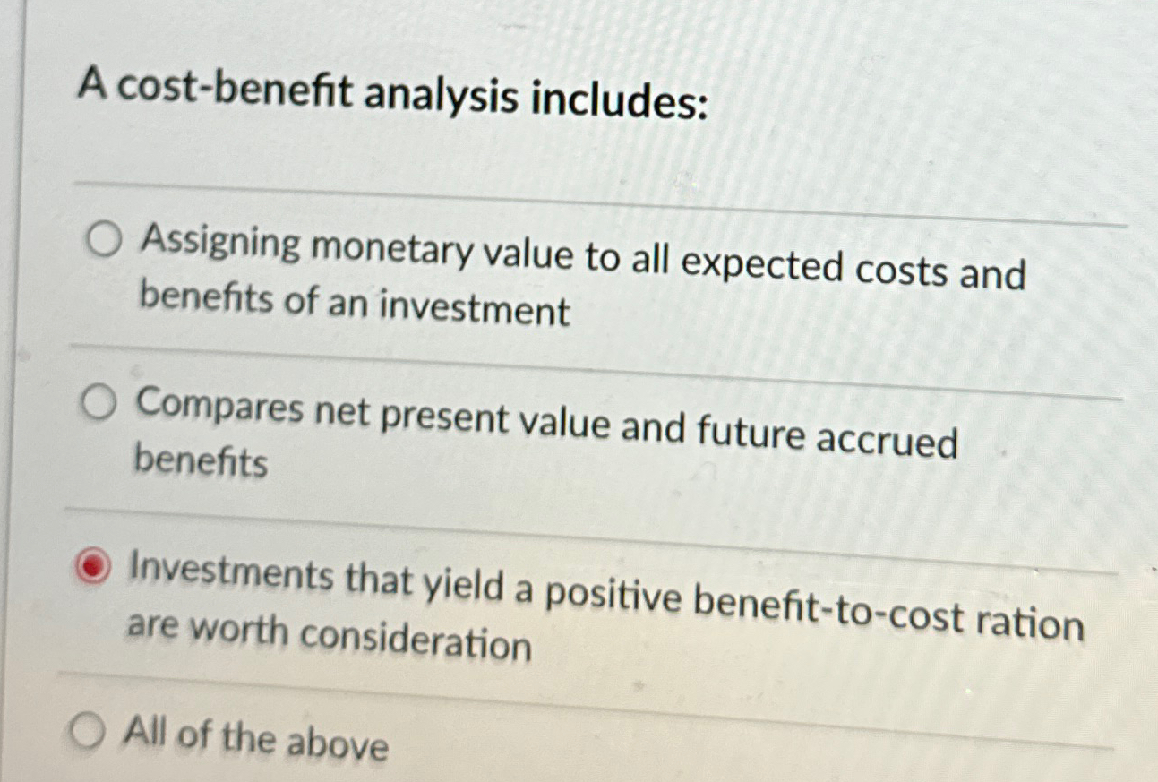 Solved A cost-benefit analysis includes:Assigning monetary | Chegg.com
