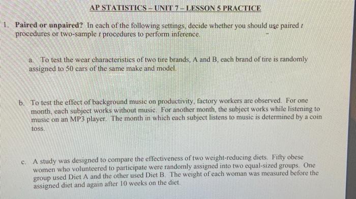 Solved AP STATISTICS - UNIT 7 - LESSON 5 PRACTICE 1. Paired | Chegg.com
