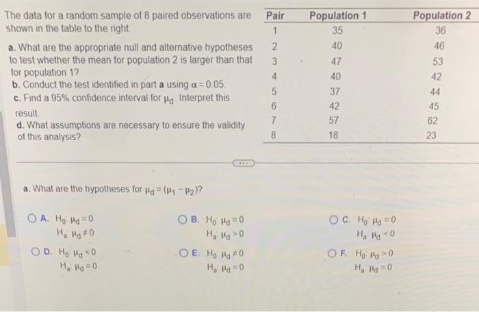 Solved The data for a random sample of 8 paired observations | Chegg.com