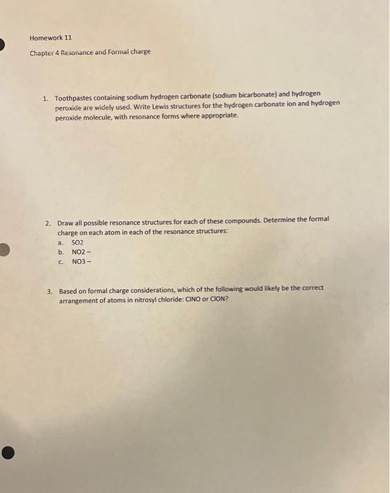 Solved Homework 11 Chapter 4 Resonance and Formal charge 1. | Chegg.com