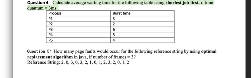 Solved Question 4. ﻿Calculate average waiting time for the | Chegg.com