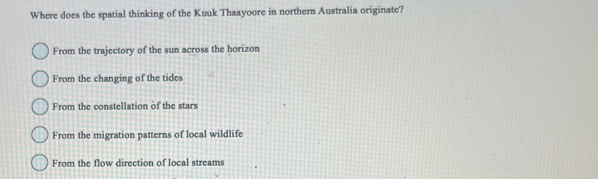 Solved Where does the spatial thinking of the Kuuk Thaayoore | Chegg.com