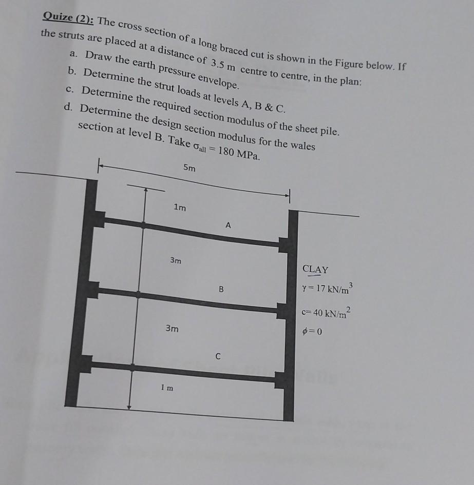 Solved Quize (2): The cross section of a long braced cut is | Chegg.com