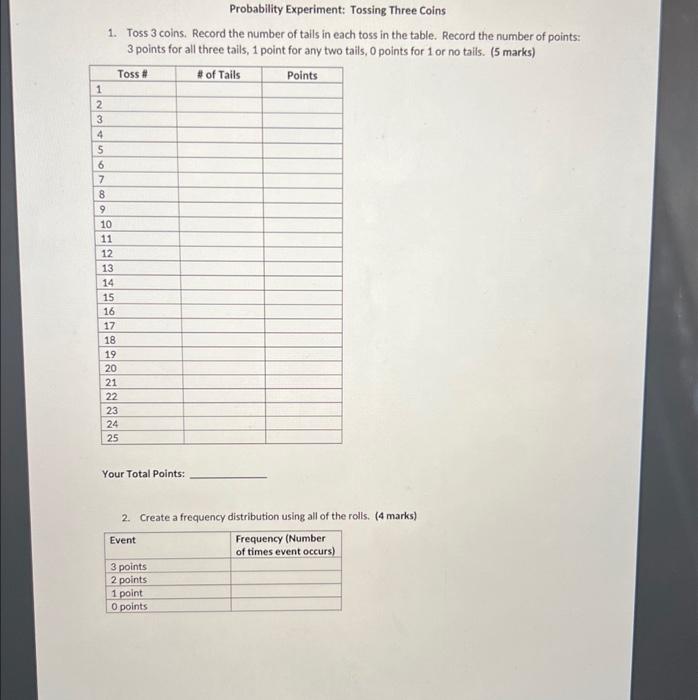 Solved Probability Experiment: Tossing Three Coins 1. Toss 3 | Chegg.com