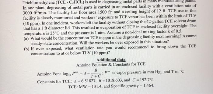 Solved Trichloroethylene (TCE-C2HCl) is used in degreasing | Chegg.com