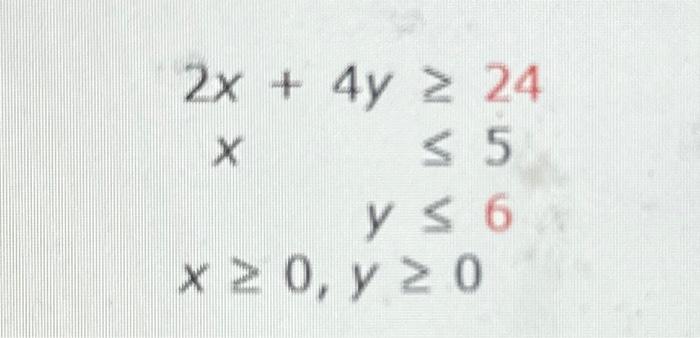 Solved 3x+y≤14x+5y≤84x−5y≥8−y≥2x+yxyx≥0,y≥6≤7≤13≥02x+4y≥24 | Chegg.com