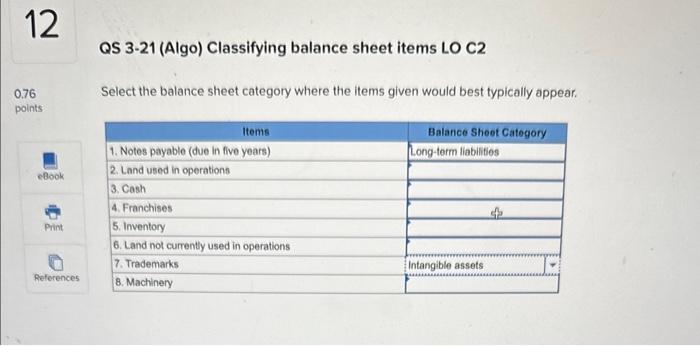 Solved QS 3-21 (Algo) Classifying balance sheet items LO C2 | Chegg.com