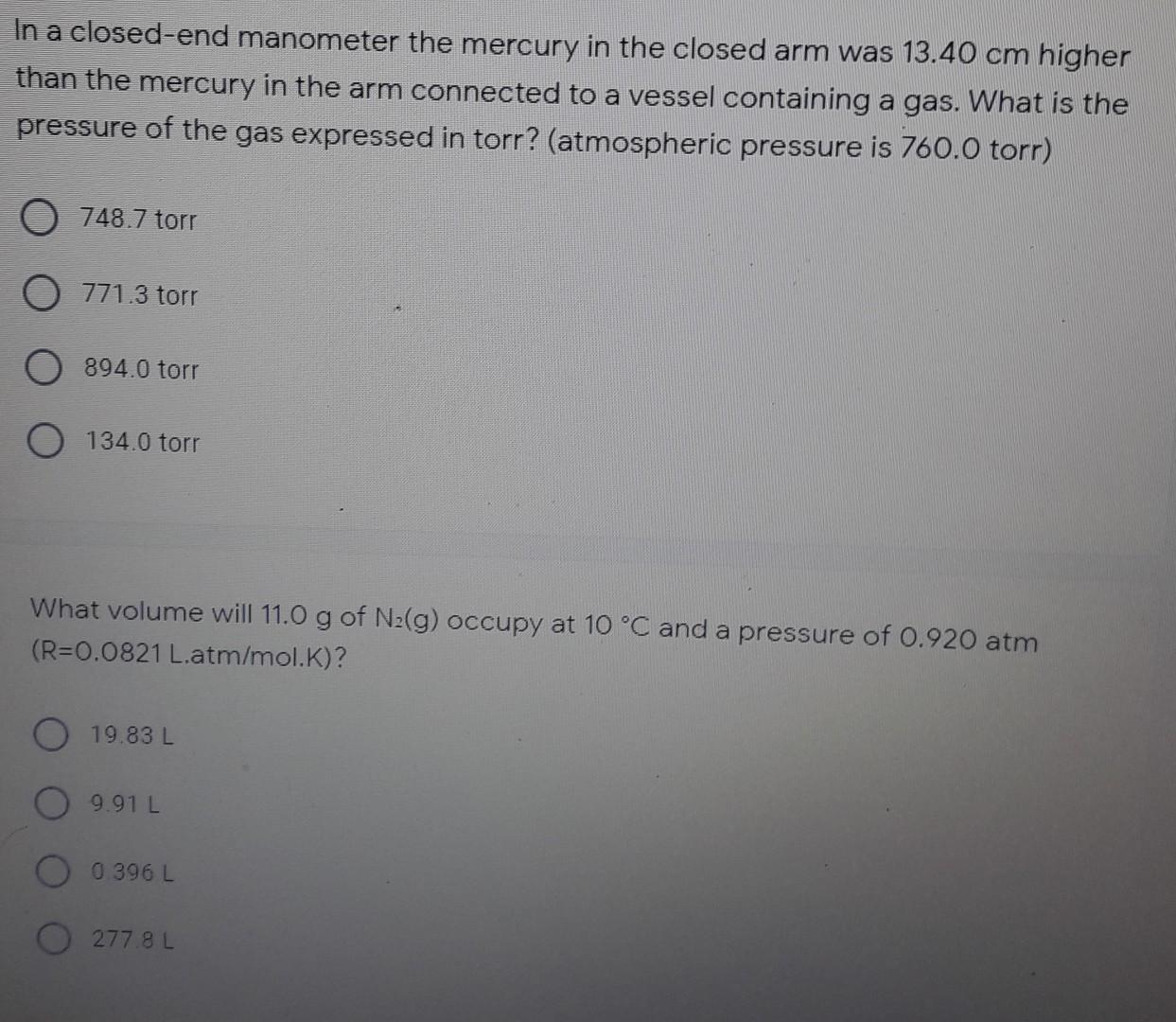 Solved In a closed-end manometer the mercury in the closed | Chegg.com
