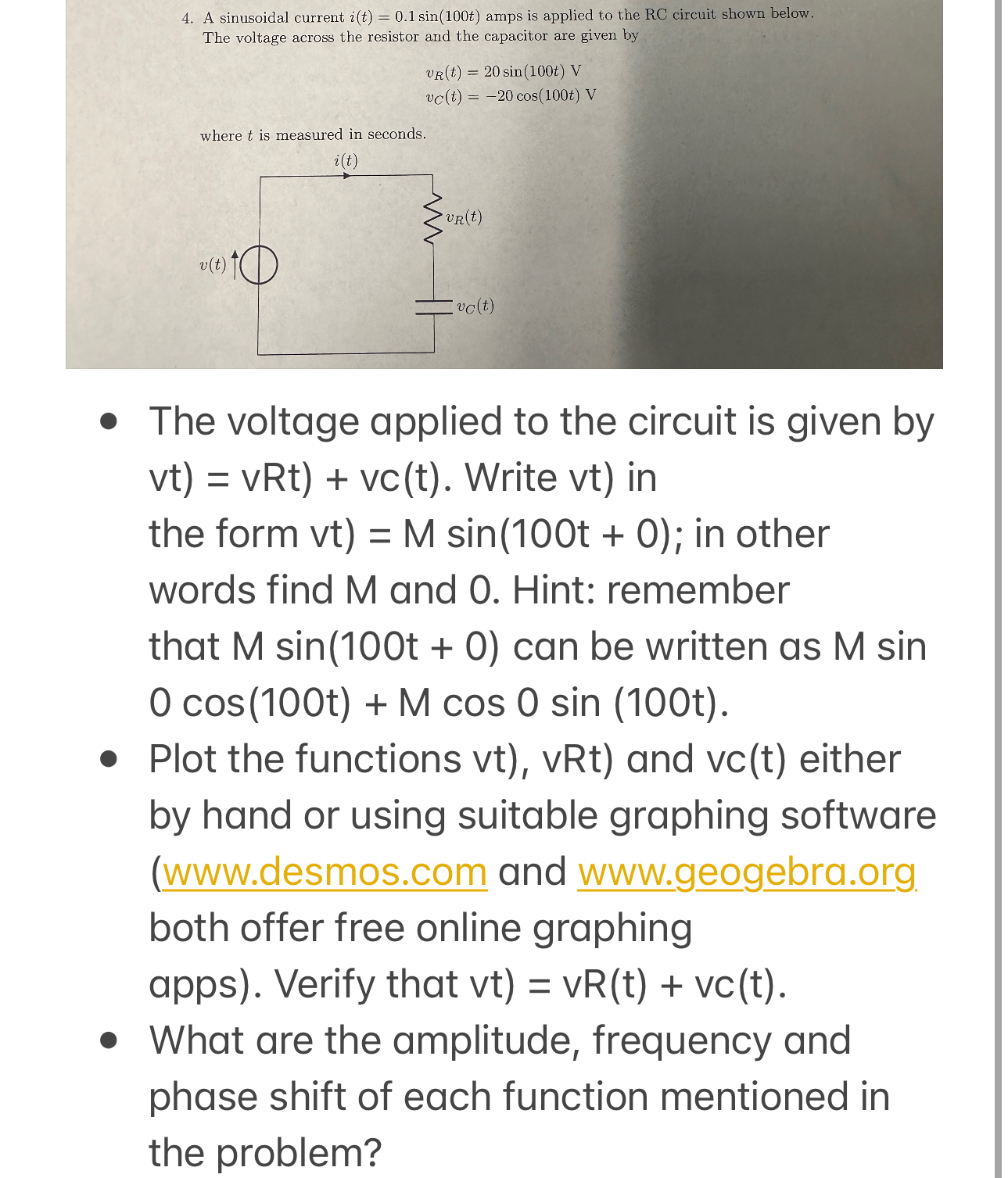 Solved A sinusoidal current i(t)=0.1sin(100t) ﻿amps is | Chegg.com