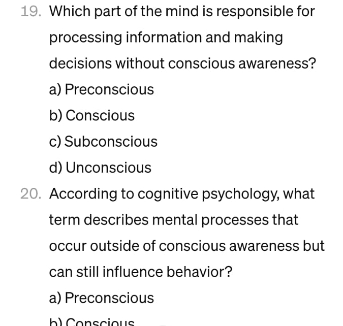 Solved Which part of the mind is responsible for processing | Chegg.com