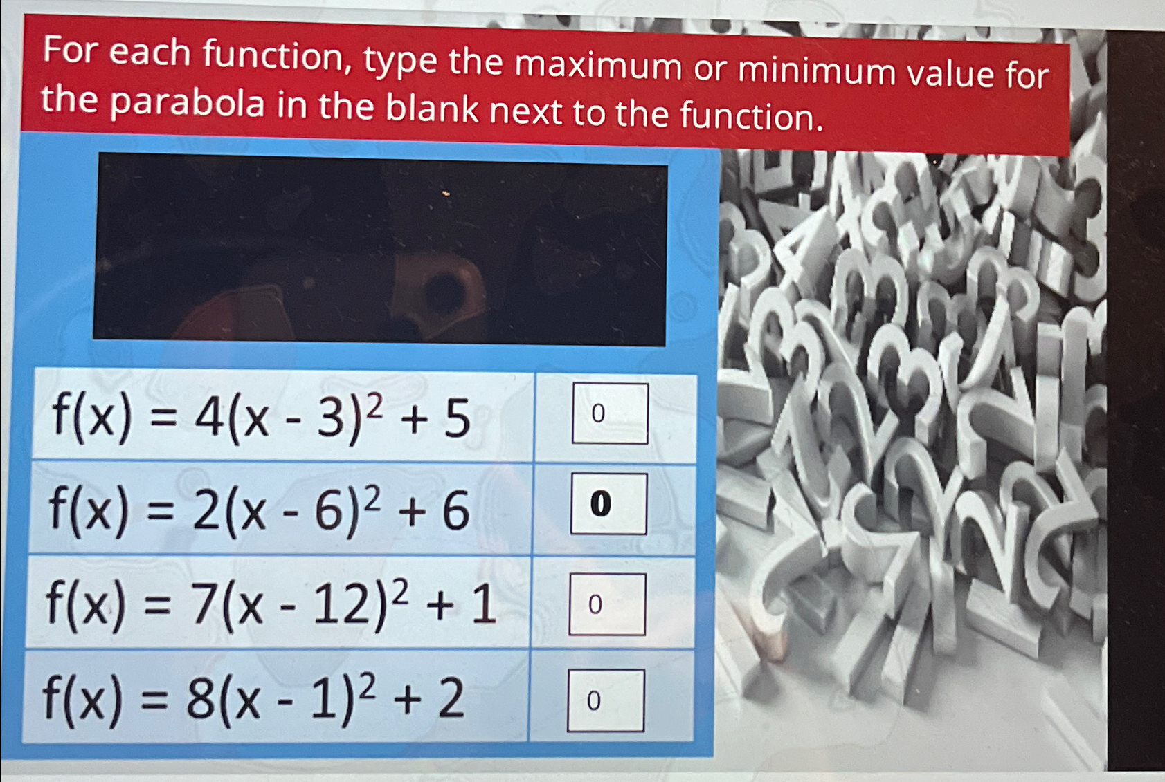 Solved For each function, type the maximum or minimum value | Chegg.com