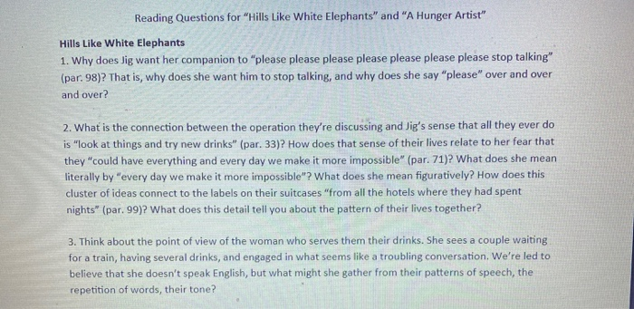 Reading Questions for "Hills Like White Elephants" | Chegg.com
