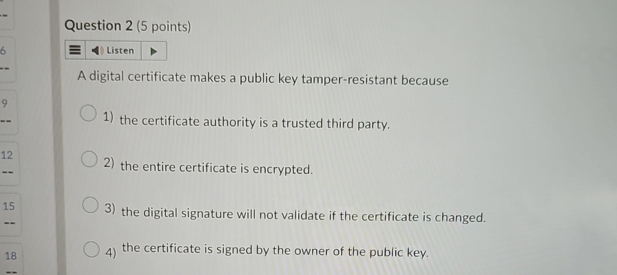 Solved Question 2 (5 ﻿points)A digital certificate makes a | Chegg.com