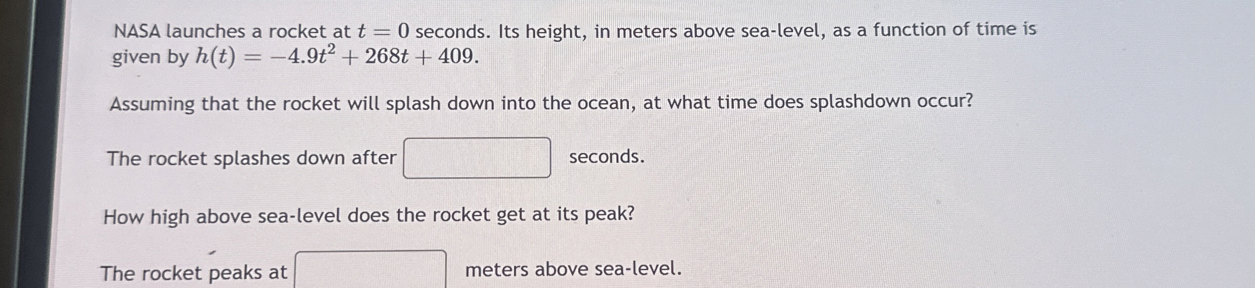 Solved NASA launches a rocket at t=0 ﻿seconds. Its height, | Chegg.com