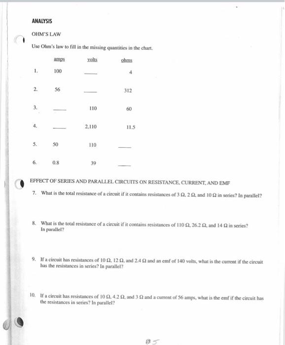 Solved OHM'S LAW Use Ohm's law to fill in the missing | Chegg.com