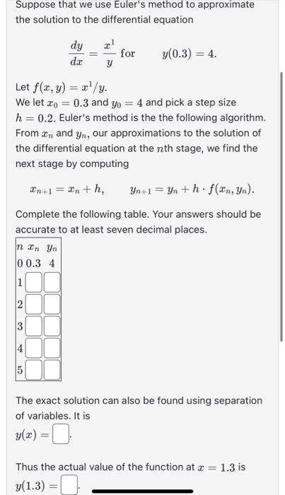 Solved Suppose that we use Euler's method to approximate the | Chegg.com