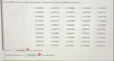 e. ﻿Using 50 ﻿random numbers given below, compute the | Chegg.com