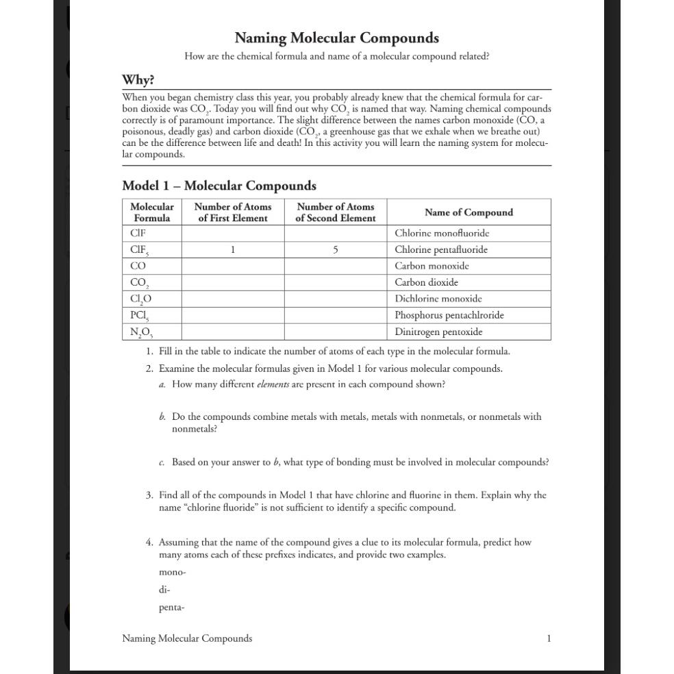 Solved Naming Molecular CompoundsHow are the chemical | Chegg.com