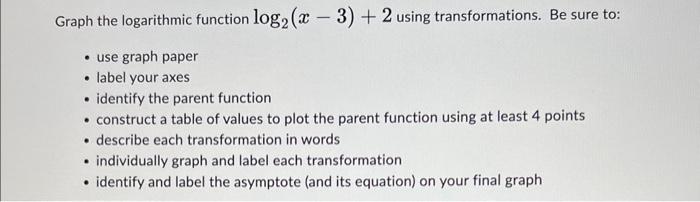 Solved Graph the logarithmic function log2(x−3)+2 using | Chegg.com