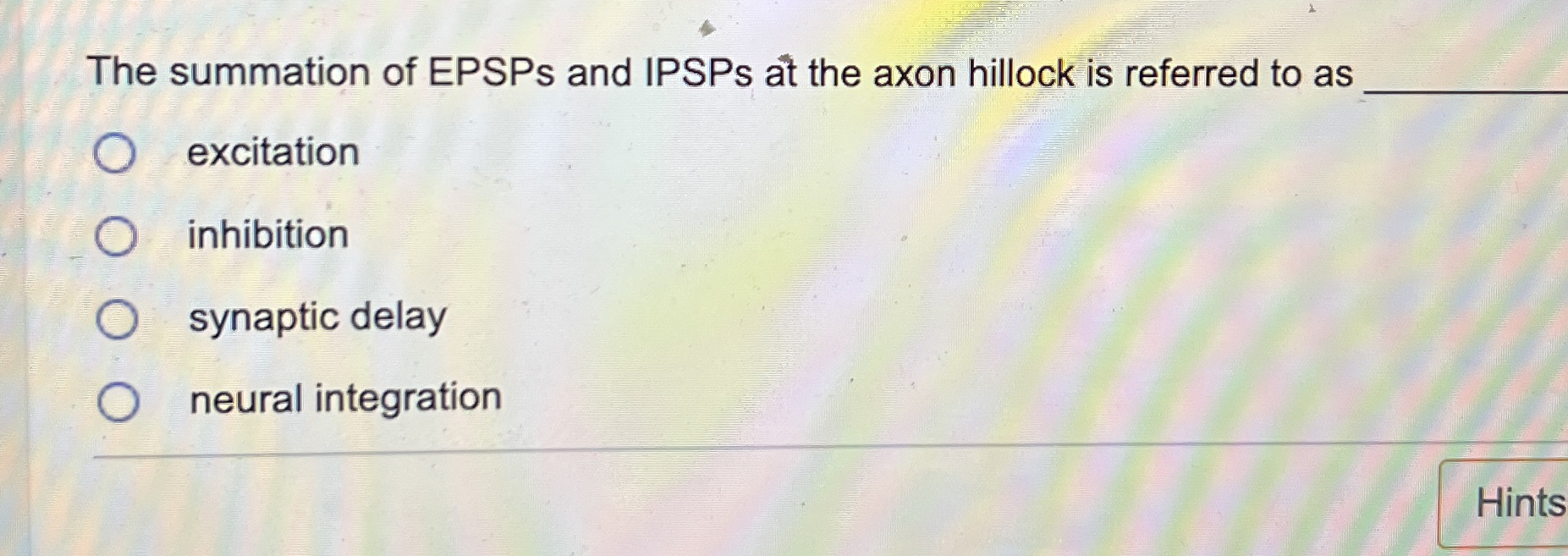 Solved The summation of EPSPs and IPSPs at the axon hillock | Chegg.com