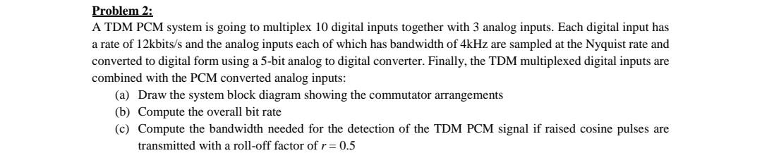 Solved Problem 2: A TDM PCM system is going to multiplex 10 | Chegg.com
