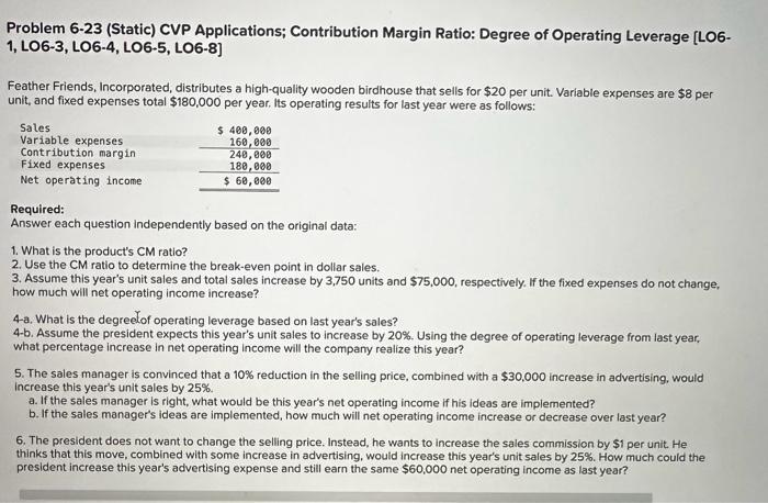 Solved Problem 6-23 (Static) CVP Applications; Contribution | Chegg.com