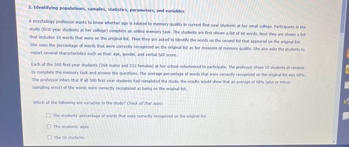 Solved 2. Identifying populations, samples, statistics, | Chegg.com