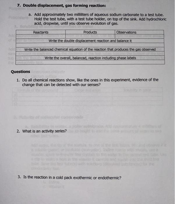 Solved 7. Double displacement, gas forming reaction: a. Add | Chegg.com