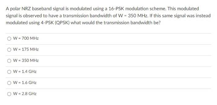 Solved A polar NRZ baseband signal is modulated using a | Chegg.com