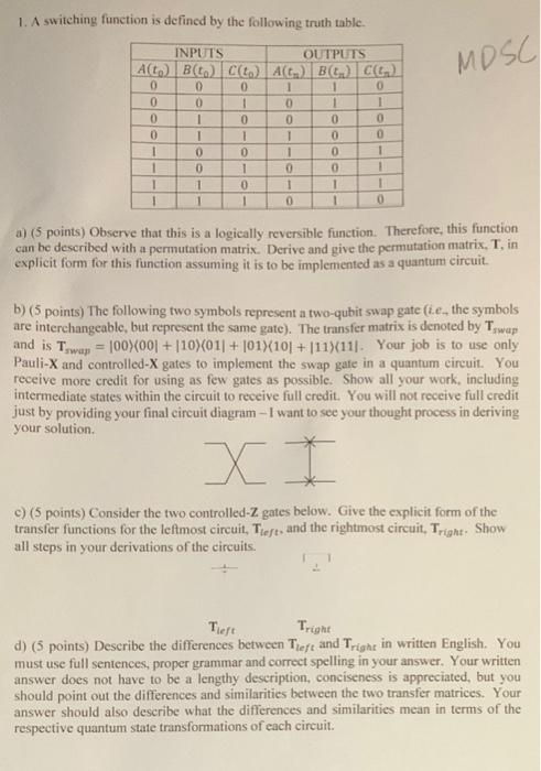 1. A switching function is defined by the following | Chegg.com