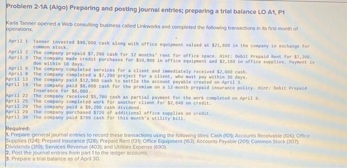 Problem 2-1A (Algo) Preparing and posting journal | Chegg.com
