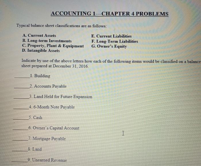 Solved ACCOUNTING 1-CHAPTER 4 PROBLEMS Typical balance sheet | Chegg.com