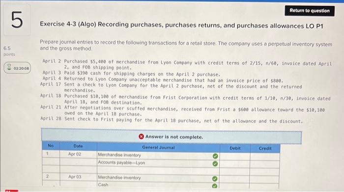 Solved Exercise 4-3 (Algo) Recording purchases, purchases | Chegg.com Solved Exercise 4-3 (Algo) Recording purchases, purchases | Chegg.com