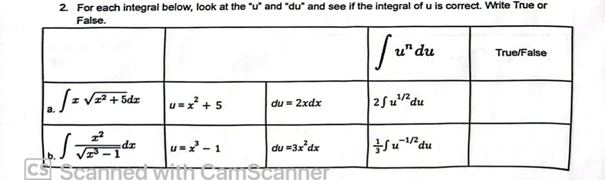 Solved 2. ﻿For each integral below, look at the "u" ﻿and | Chegg.com