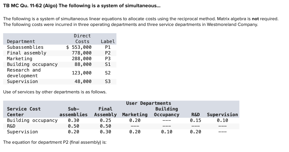 TB MC Qu. 11-62 (Algo) ﻿The following is a system of | Chegg.com